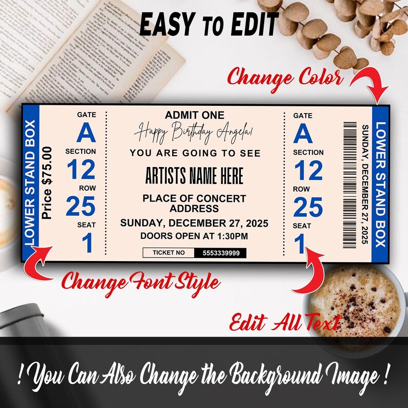 Printable Concert Ticket | Custom Digital Template | Unique Birthday ...