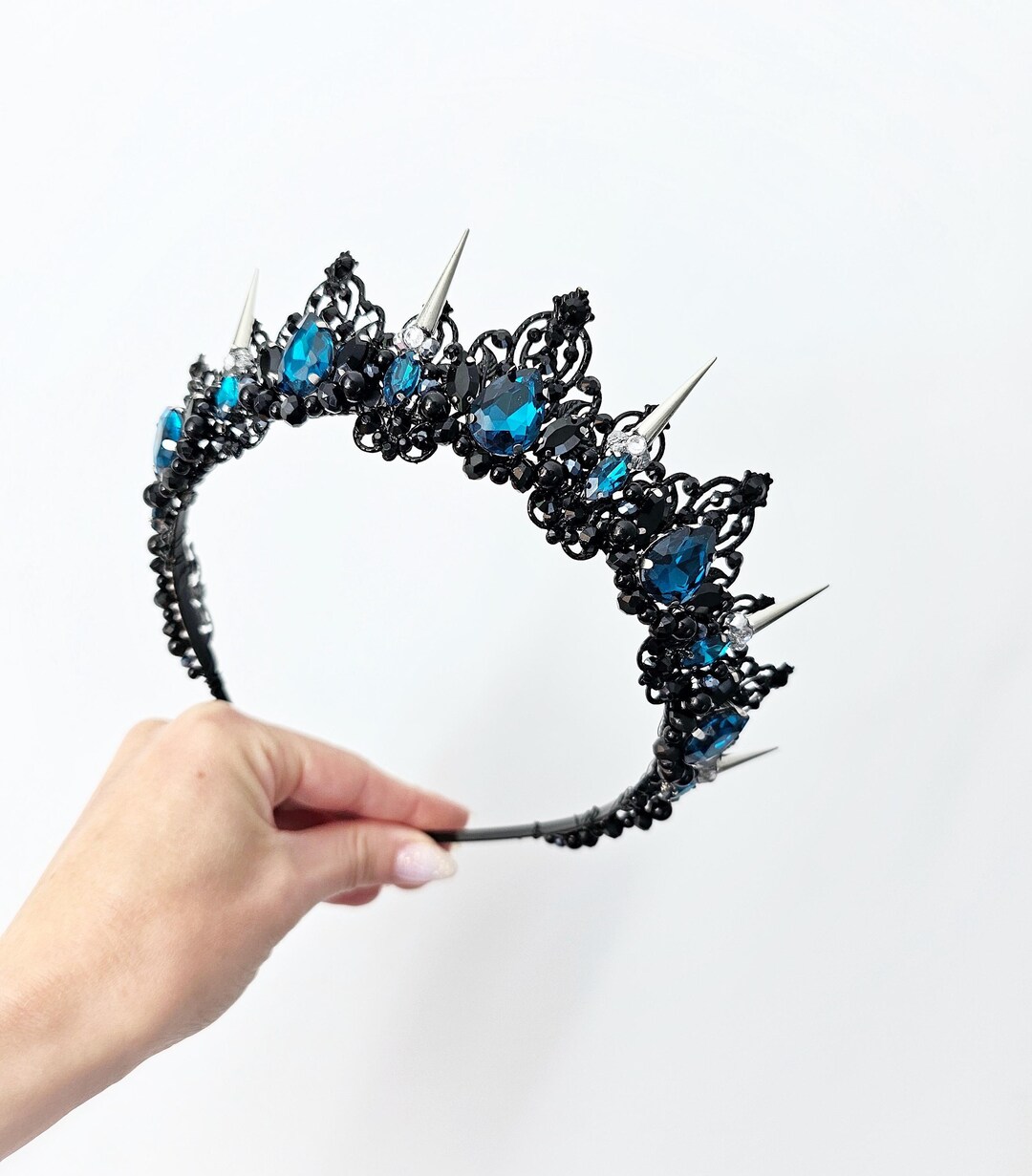 Gothic Teal Blue Crystal Bridal Crown, Black Wedding Tiara, Gothic ...