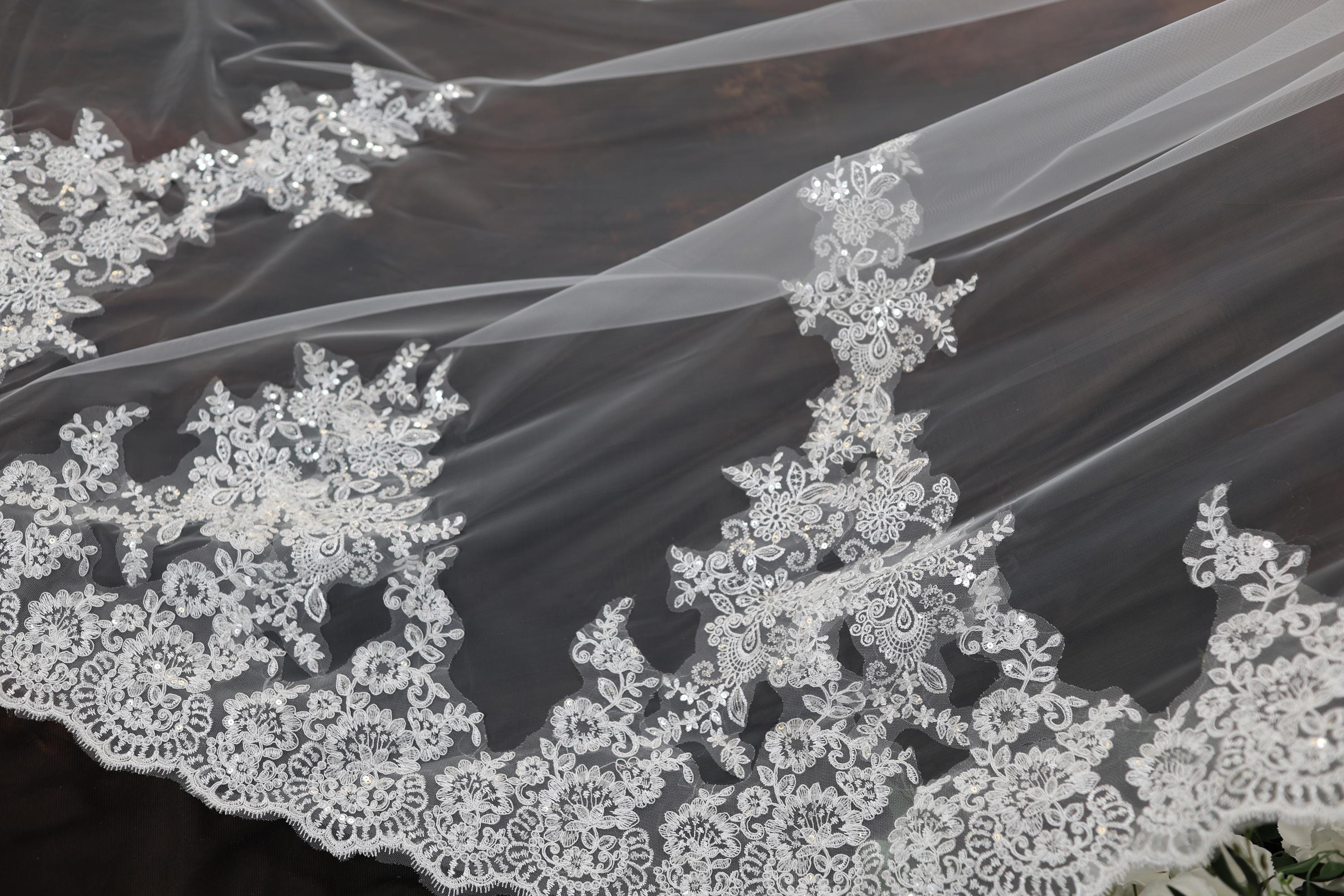 Ivory Cathedral Wedding Veil: Sequined Floral Lace, 120 Inches - Etsy
