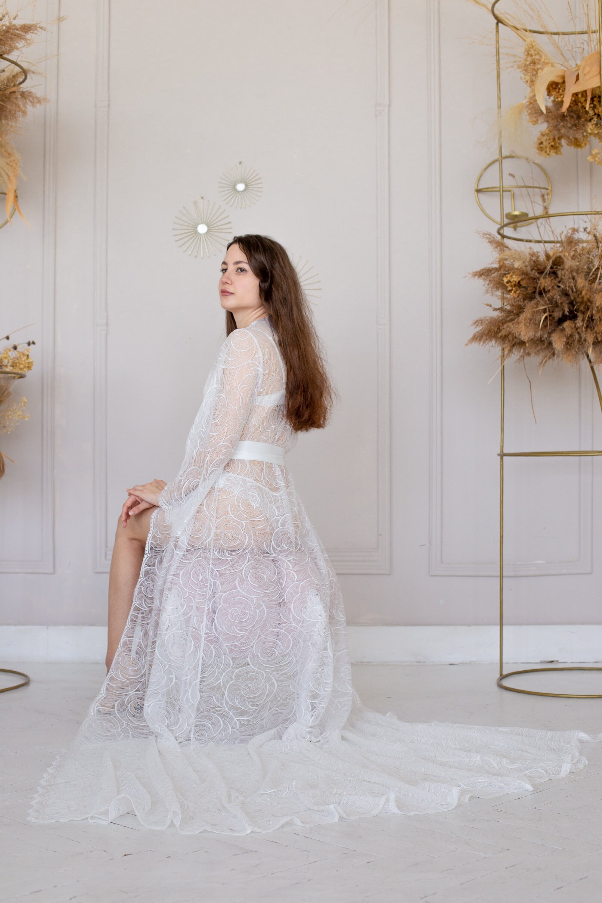 Spitze Hochzeit Robe Braut Gewand Langes Spitzenkleid Mit Schleppe