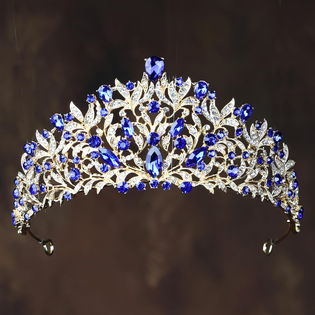 Handmade Gold Floral Rhinestone Bridal Crown: Blue Crystal Tiara - Etsy