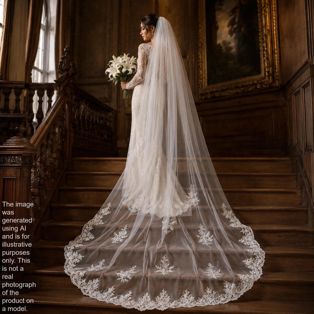 Handmade Cathedral Wedding Veil, Long Lace Applique Ivory Bridal Veil ...