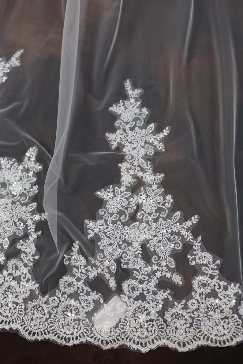 Ivory Cathedral Wedding Veil: Sequined Floral Lace, 120 Inches - Etsy