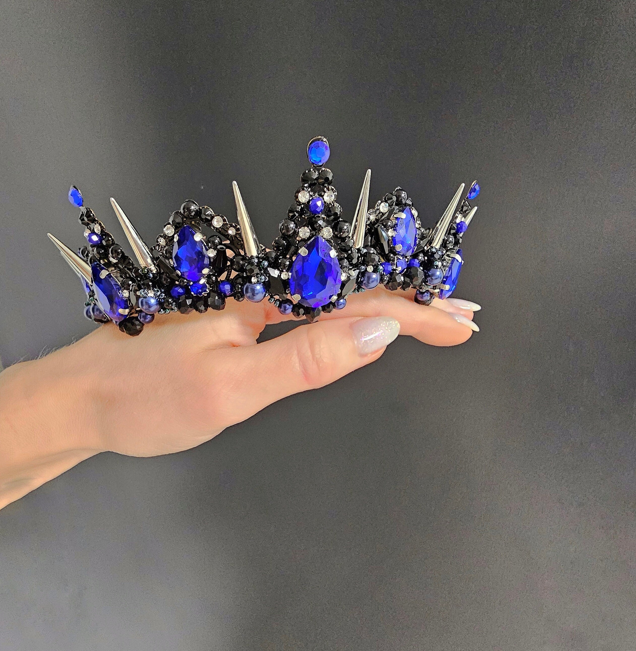Royal Blue and Black Tiara, Black Bridal Crown Evil Queen Crown Black ...