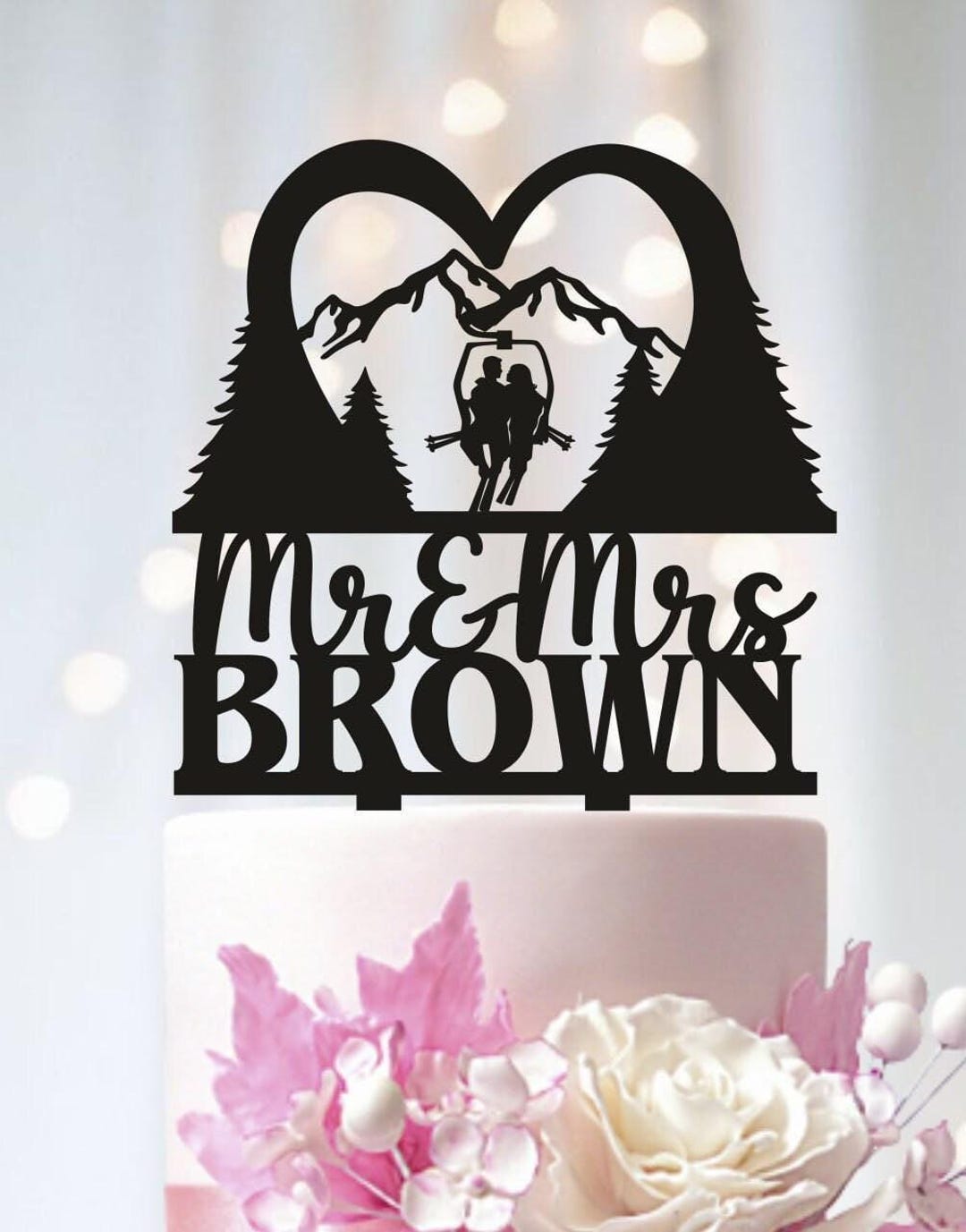 Winter Skiing Ski Lift Cake Topper, Bride and Groom Couple Winter ...