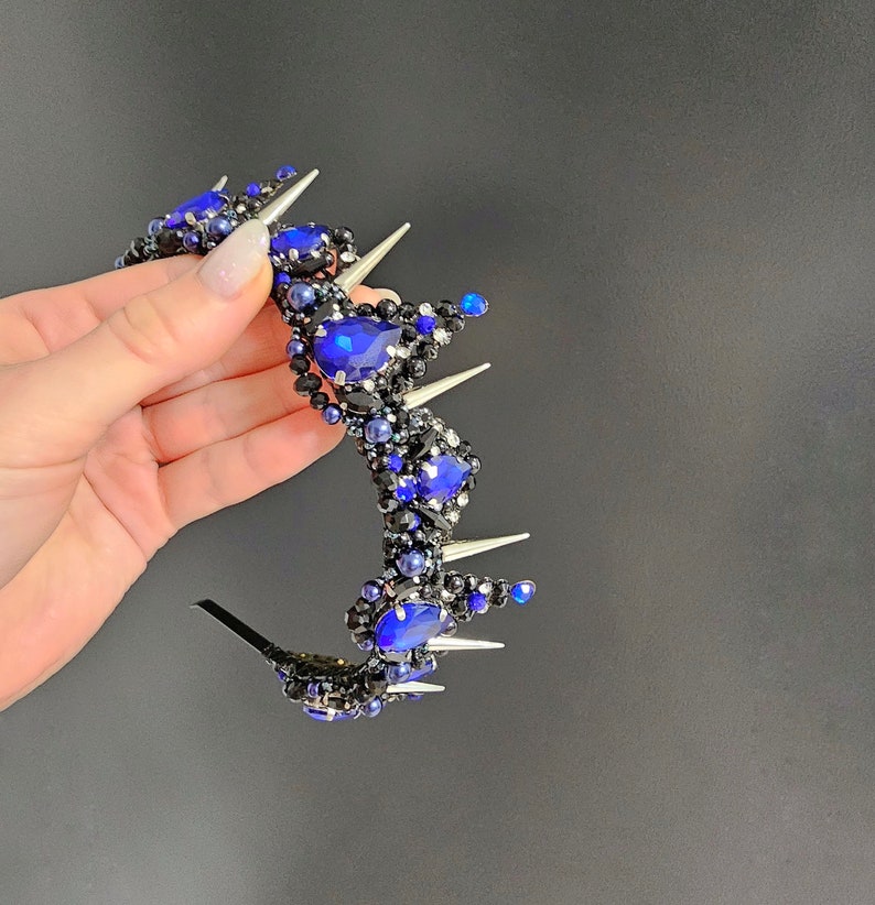 Royal Blue and Black Tiara, Black Bridal Crown Evil Queen Crown Black ...