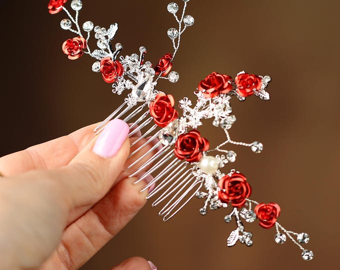 Red Roses Wedding Hair Comb. Crystal Bridal Hair Comb. Silver Wedding ...