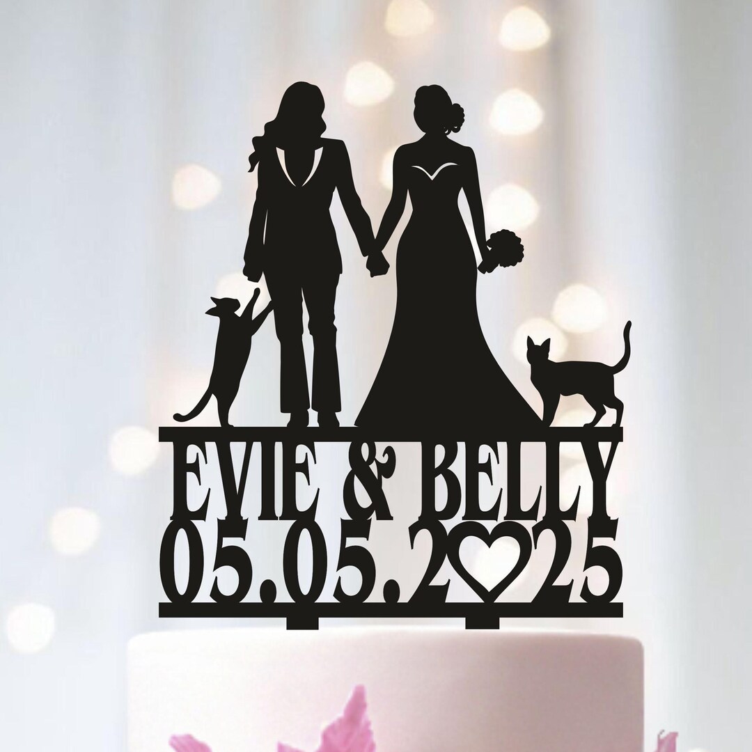 Lesbian Wedding Cake Topper With Cats, Mrs and Mrs Couple With Name and ...