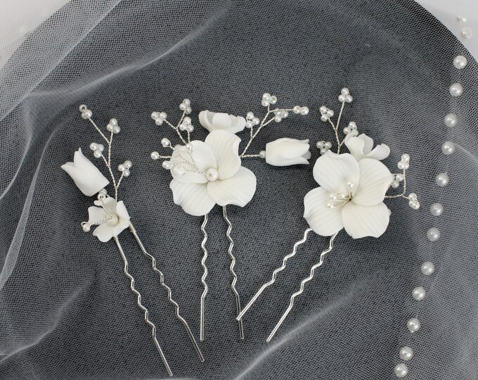 Set of 3 Flower Bridal Hair Pins. Wedding Hair Pins. Pearl Hair Pins ...