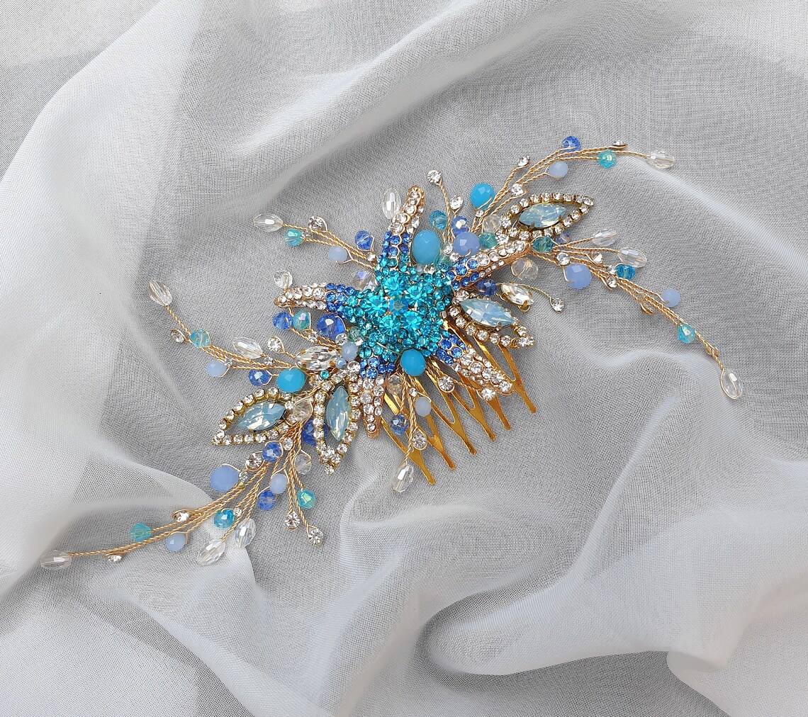Blue Starfish Hair Piece. Beach Wedding Hair Comb Starfish Bridal Hair ...