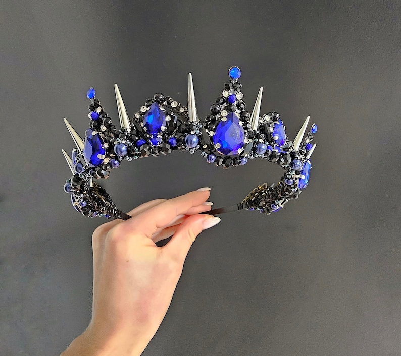 Royal Blue and Black Tiara, Black Bridal Crown Evil Queen Crown Black ...