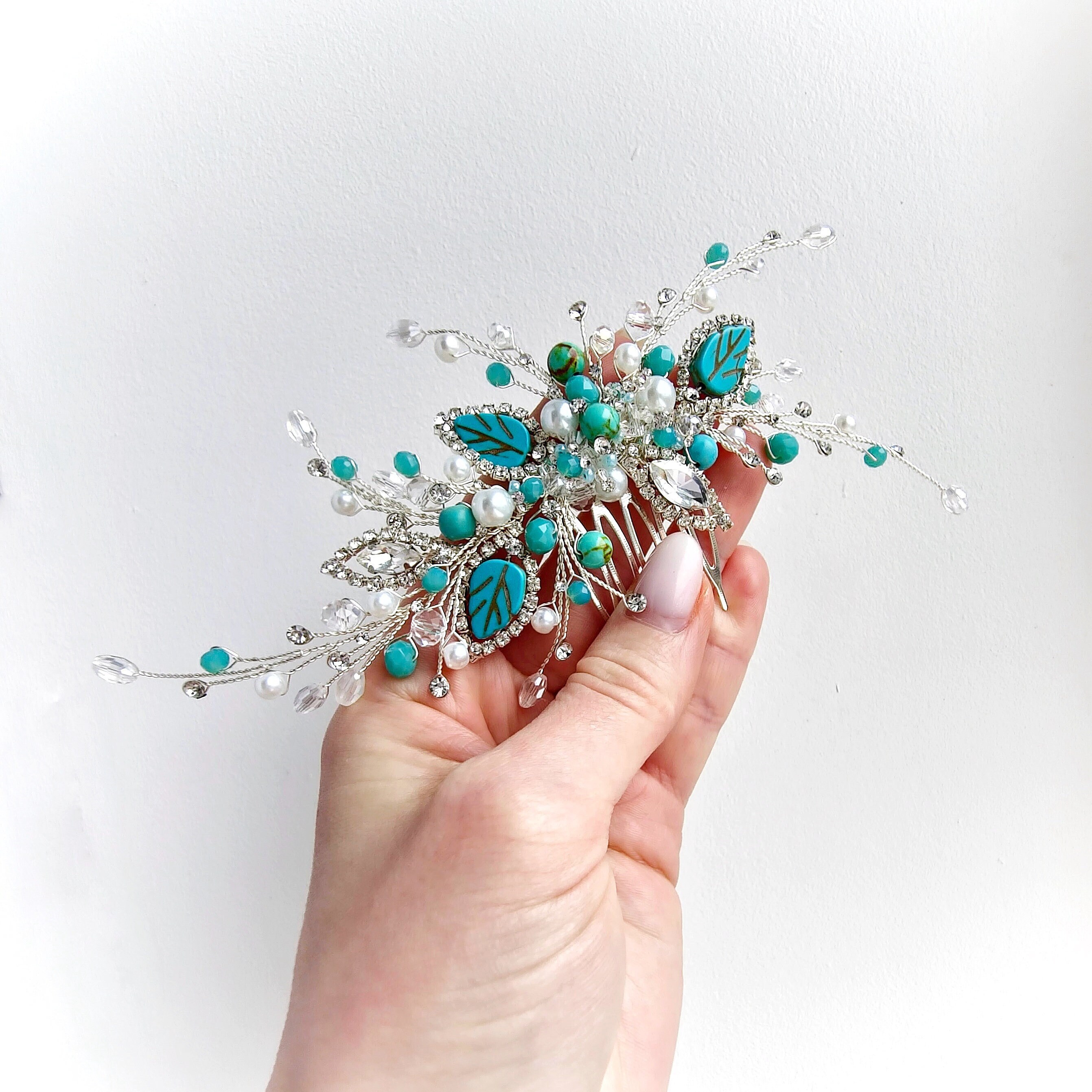 Silver Turquoise Bridal Hair Comb. Floral Wedding Hair Comb. Crystal ...