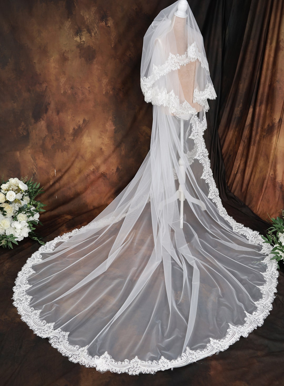 Floral Lace Cathedral Wedding Veil - Ivory Bridal Veil, 120 Inches - Etsy