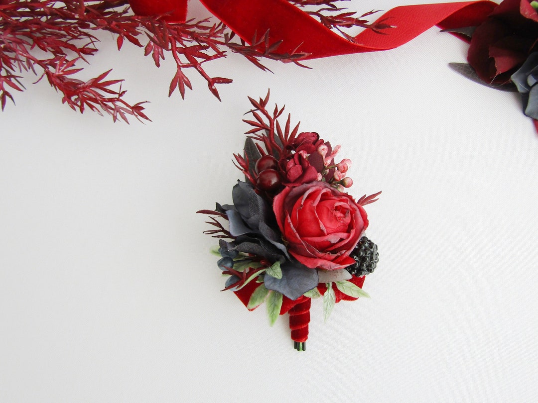 Grooms Boutonniere. Red and Navy Blue Buttonhole. Red Rose Corsage for ...