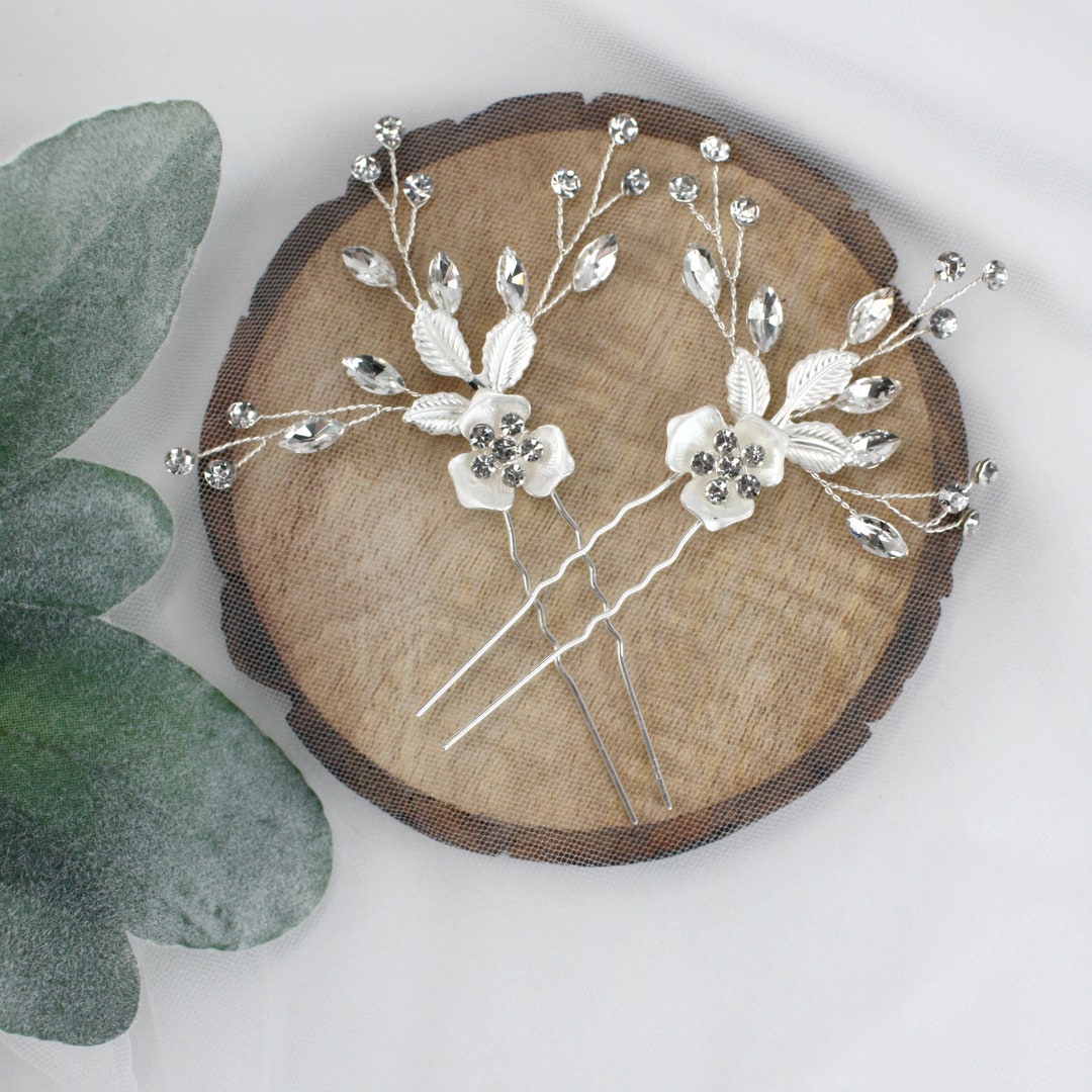 Set Of 2 Silver Flower Bridal Hair Pins Wedding Hair Pins Crystal