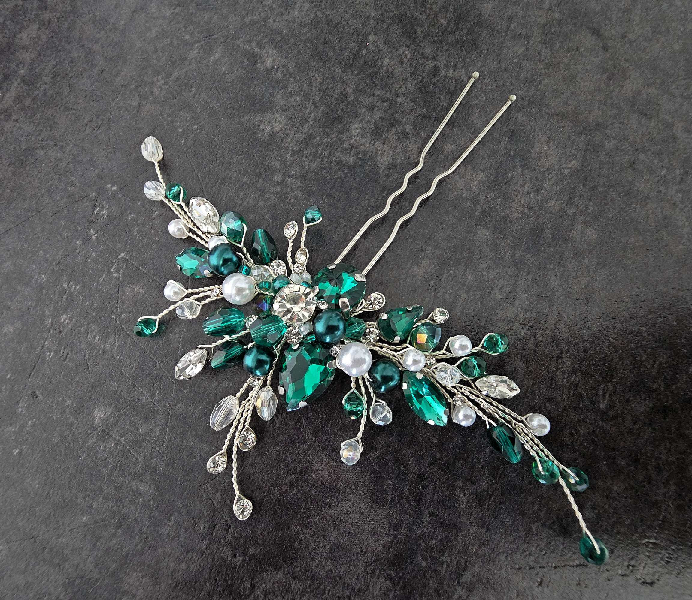 Emerald Crystal Hair Pin. Pearl Hair Piece. Prom Hair Accessories ...