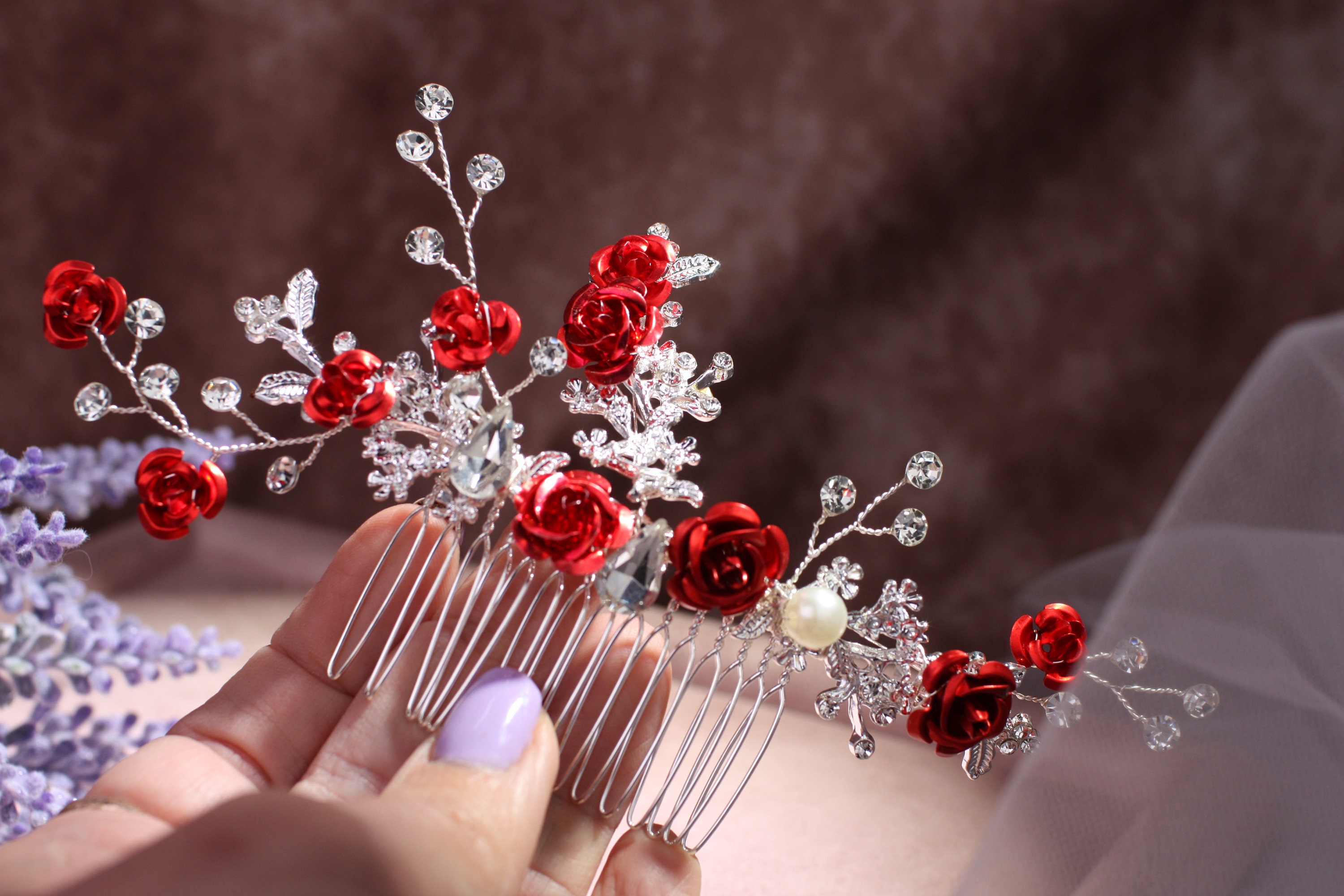Red Roses Wedding Hair Comb. Crystal Bridal Hair Comb. Silver Wedding ...