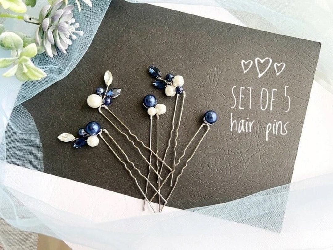 Set of 5 Pearl Blue Bridal Hair Pins. Wedding Hair Pins. Crystal Hair ...