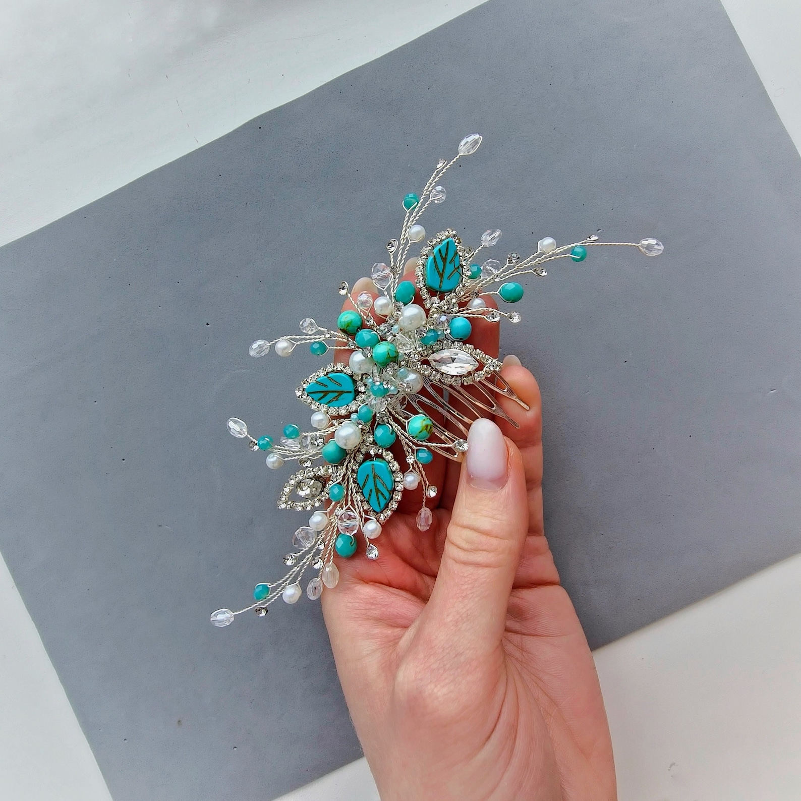 Silver Turquoise Bridal Hair Comb. Floral Wedding Hair Comb. Crystal ...