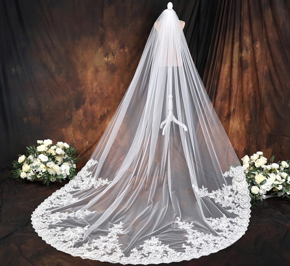 Ivory Cathedral Wedding Veil: Sequined Floral Lace, 120 Inches - Etsy