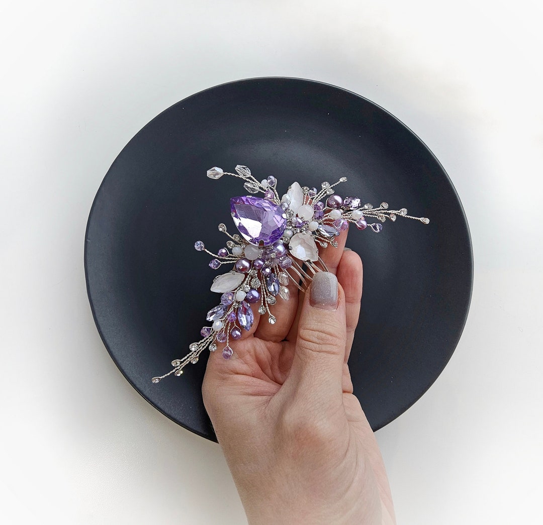 Violet and White Opal Crystal Hair Comb. Bridal Comb. Wedding Hairpiece ...
