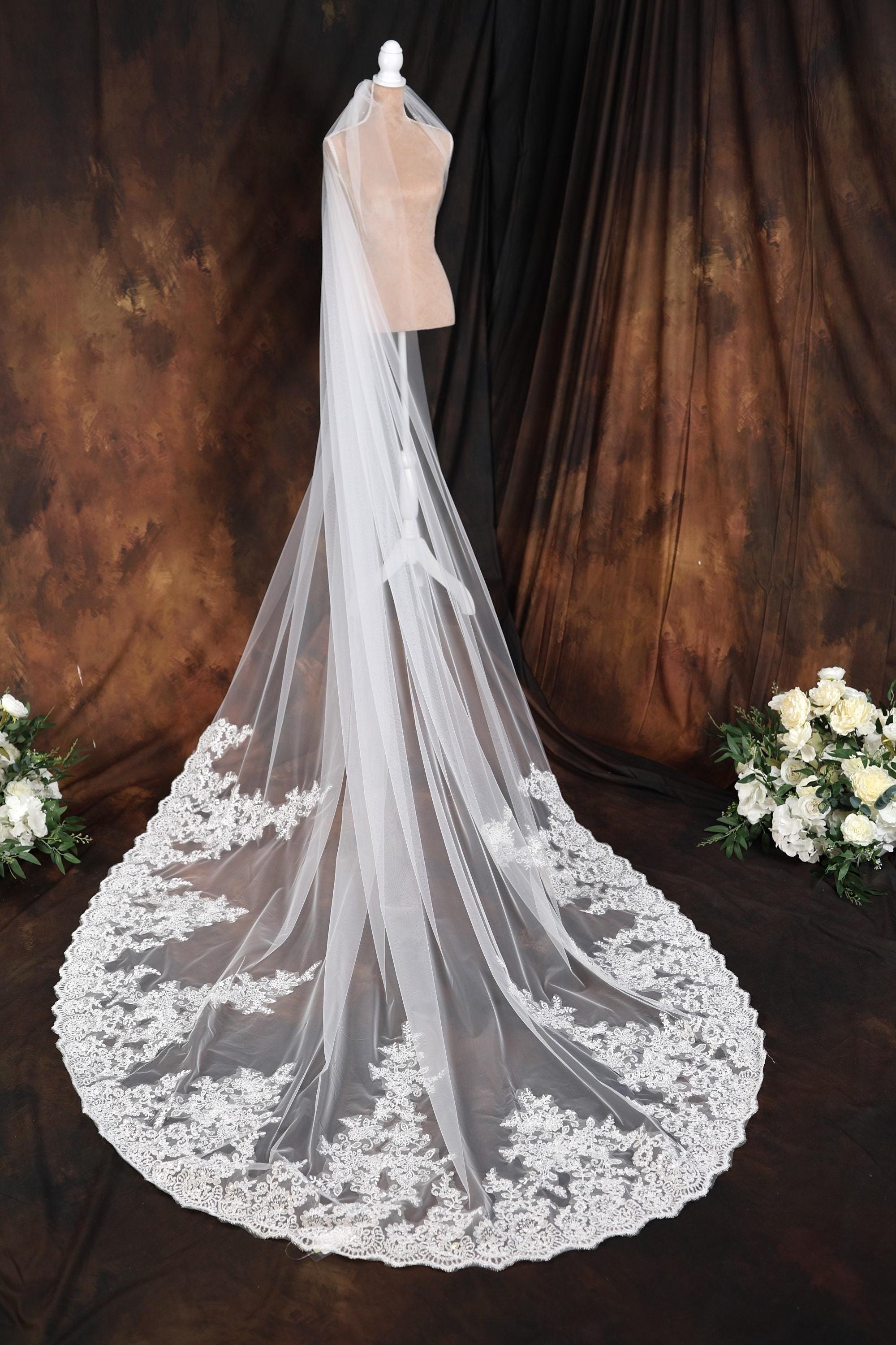 Ivory Cathedral Wedding Veil: Sequined Floral Lace, 120 Inches - Etsy