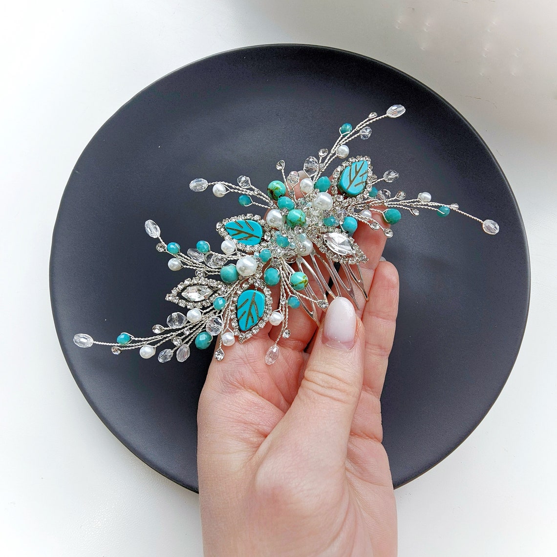 Silver Turquoise Bridal Hair Comb. Floral Wedding Hair Comb. Crystal ...