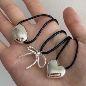 Bean Pendant Black Cord Choker Necklace | Chunky Silver Charm Pendant ...