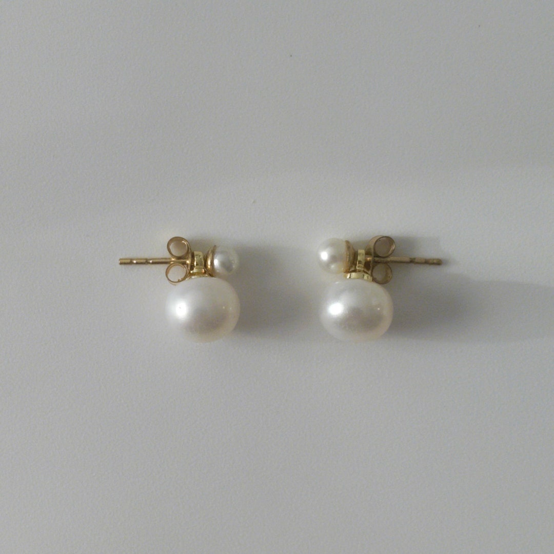 Double Pearl Stud Drop Earrings｜14kgf Dainty Genuine Pearls｜daily Pearl ...