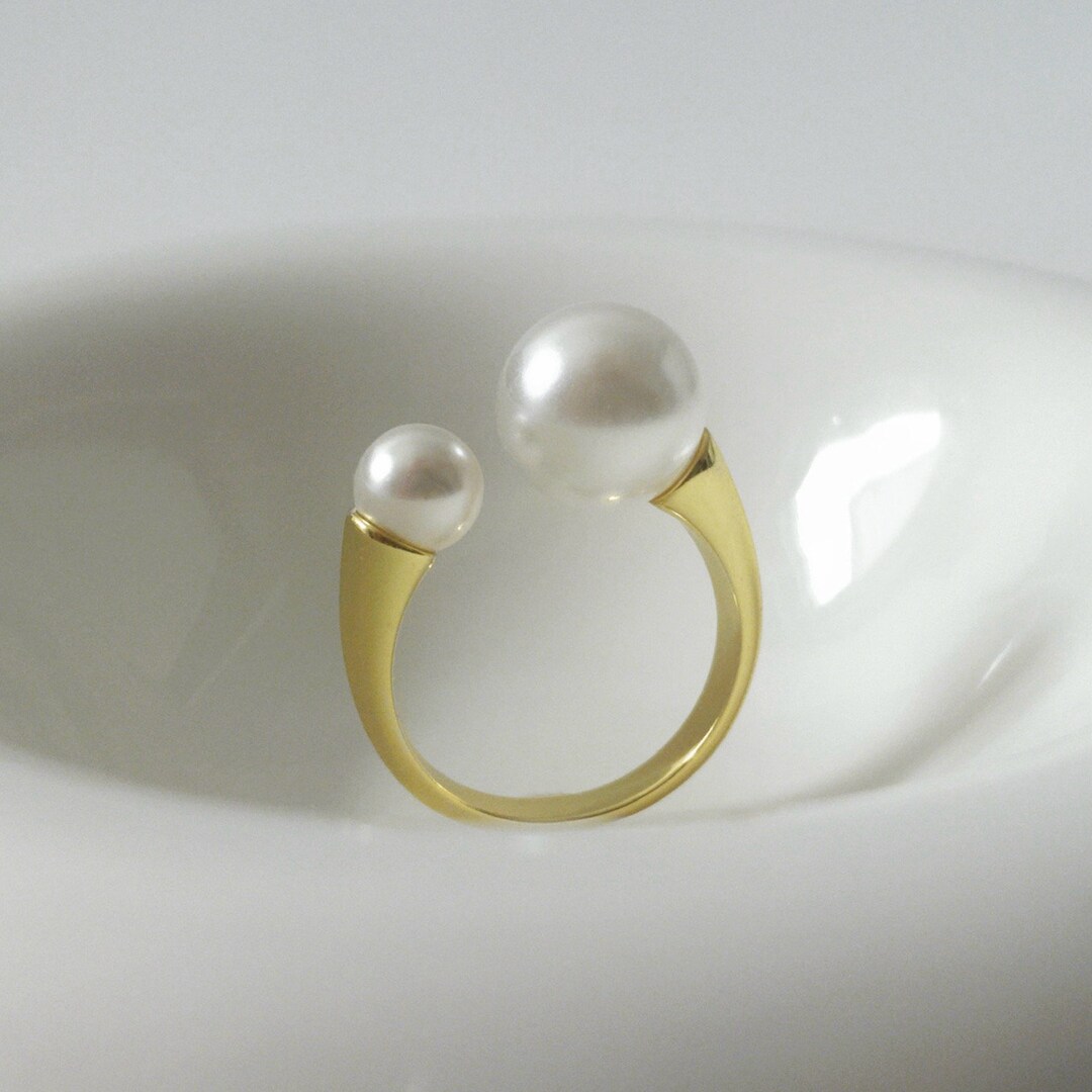 Double Pearl Open Ringadjustable 18K Gold Ring With Two Crystal ...
