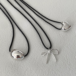Bean Pendant Black Cord Choker Necklace | Chunky Silver Charm Pendant ...
