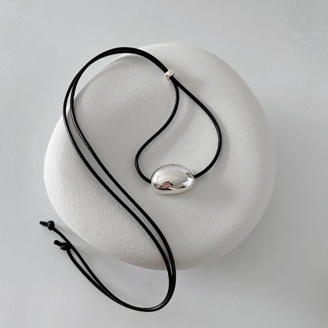 Bean Pendant Black Cord Choker Necklace | Chunky Silver Charm Pendant ...