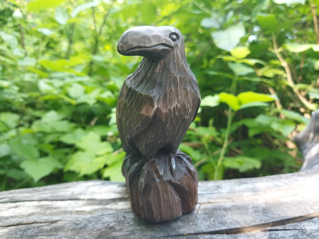 Carved Wooden Crow Guardian. Bespoke Forest Bird Sculpture, Symbol of ...