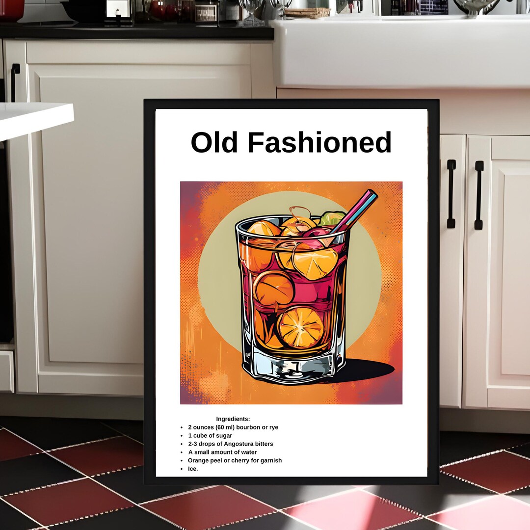 Old Fashioned Cocktail Retro Poster Art Print With Cocktail Recipe in a ...