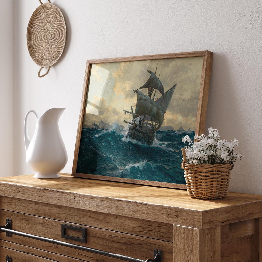 Vintage Sailing Ship Art Print – Historical Vessel on Stormy Sea ...