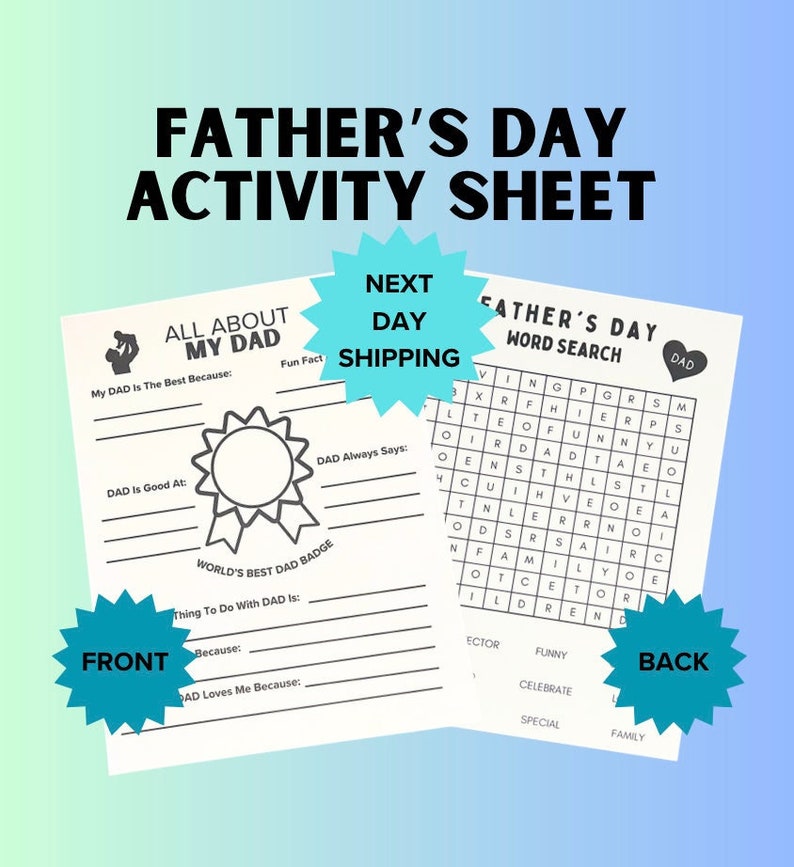 Father's Day Activity Sheet / Physical Item Next Day Shipping / Father ...