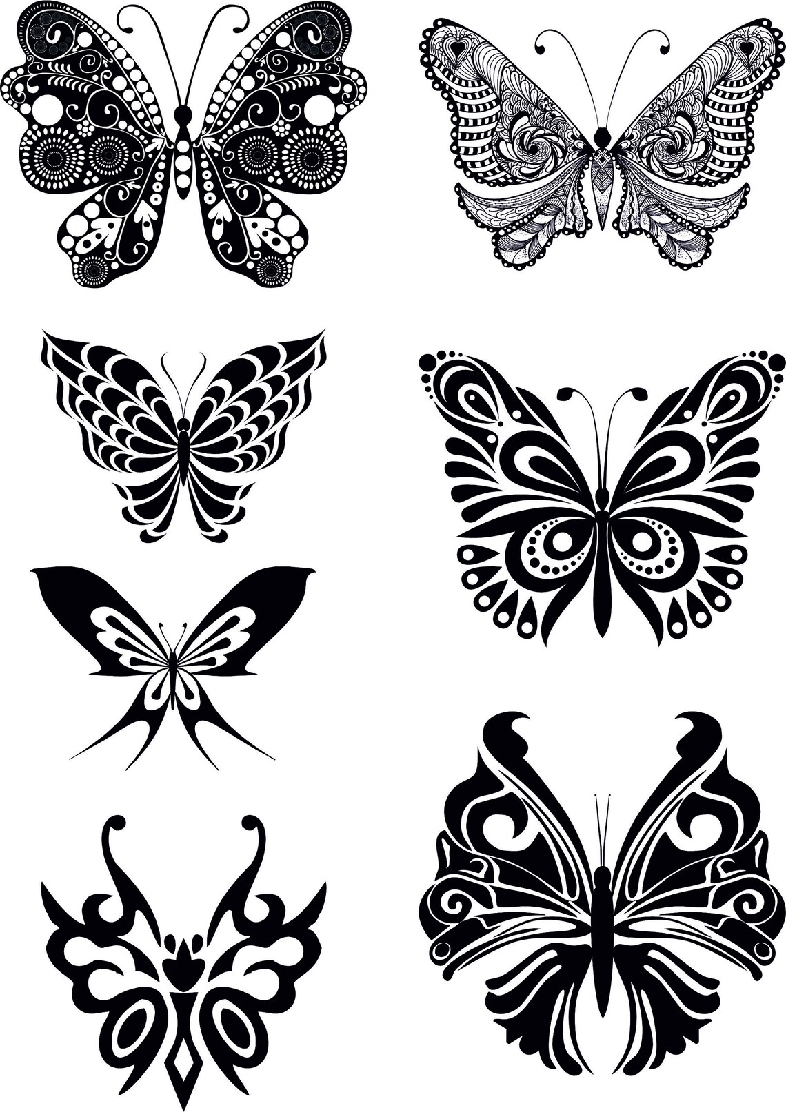 Seven Black and White Vector Images of Butterflies With Rich Patterns ...