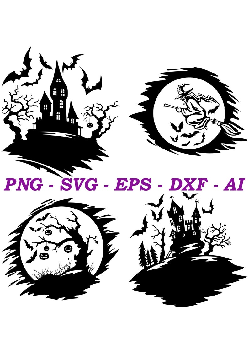Halloween SVG Bundle, Spooky Witch and Haunted House Silhouettes, PNG ...