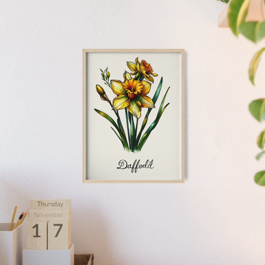 March Daffodil Birth Flower Wall Art, Light Wood Frame Poster Print ...
