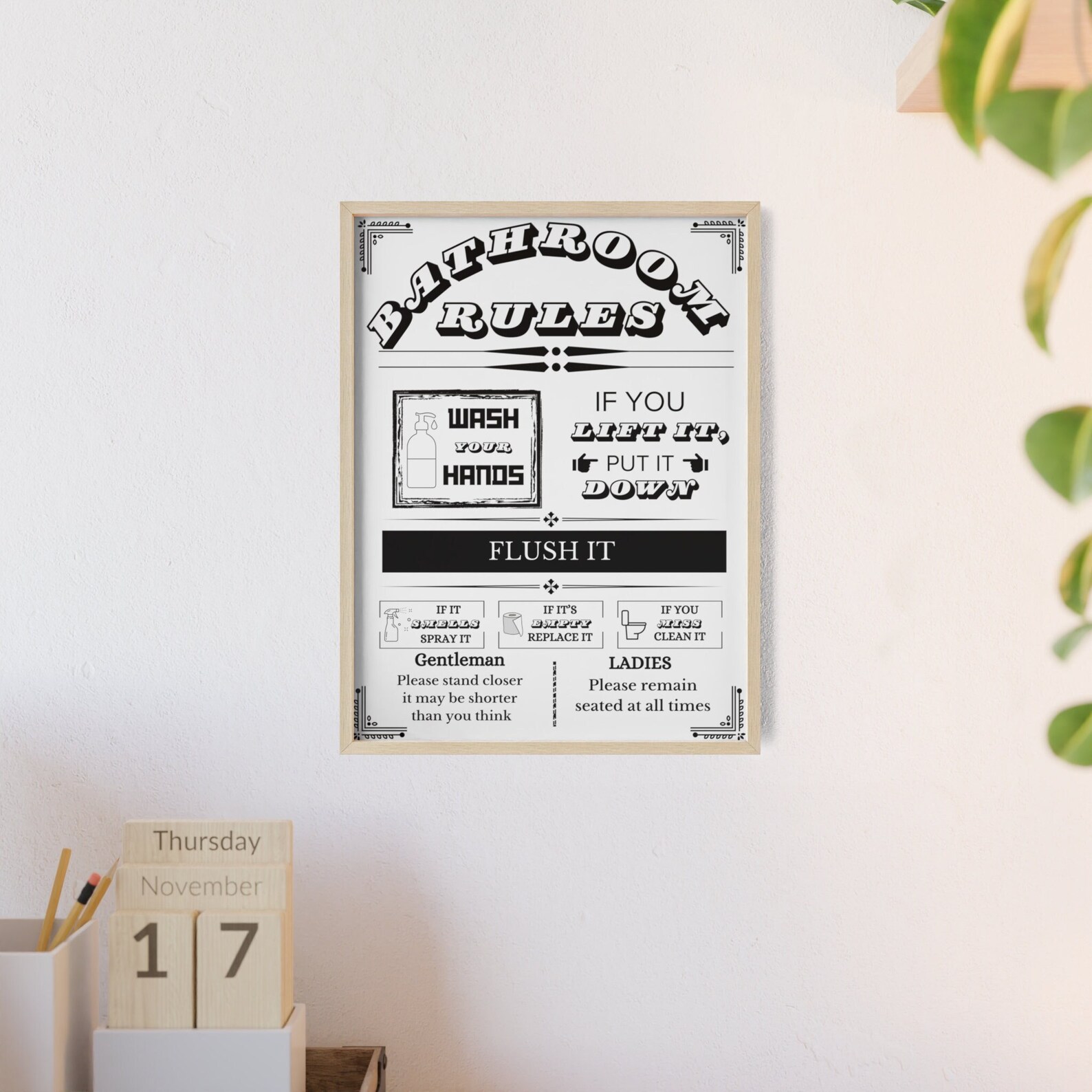 Digital Copy Fun Bathroom Rules Wall Art , Light Framed Poster Print ...