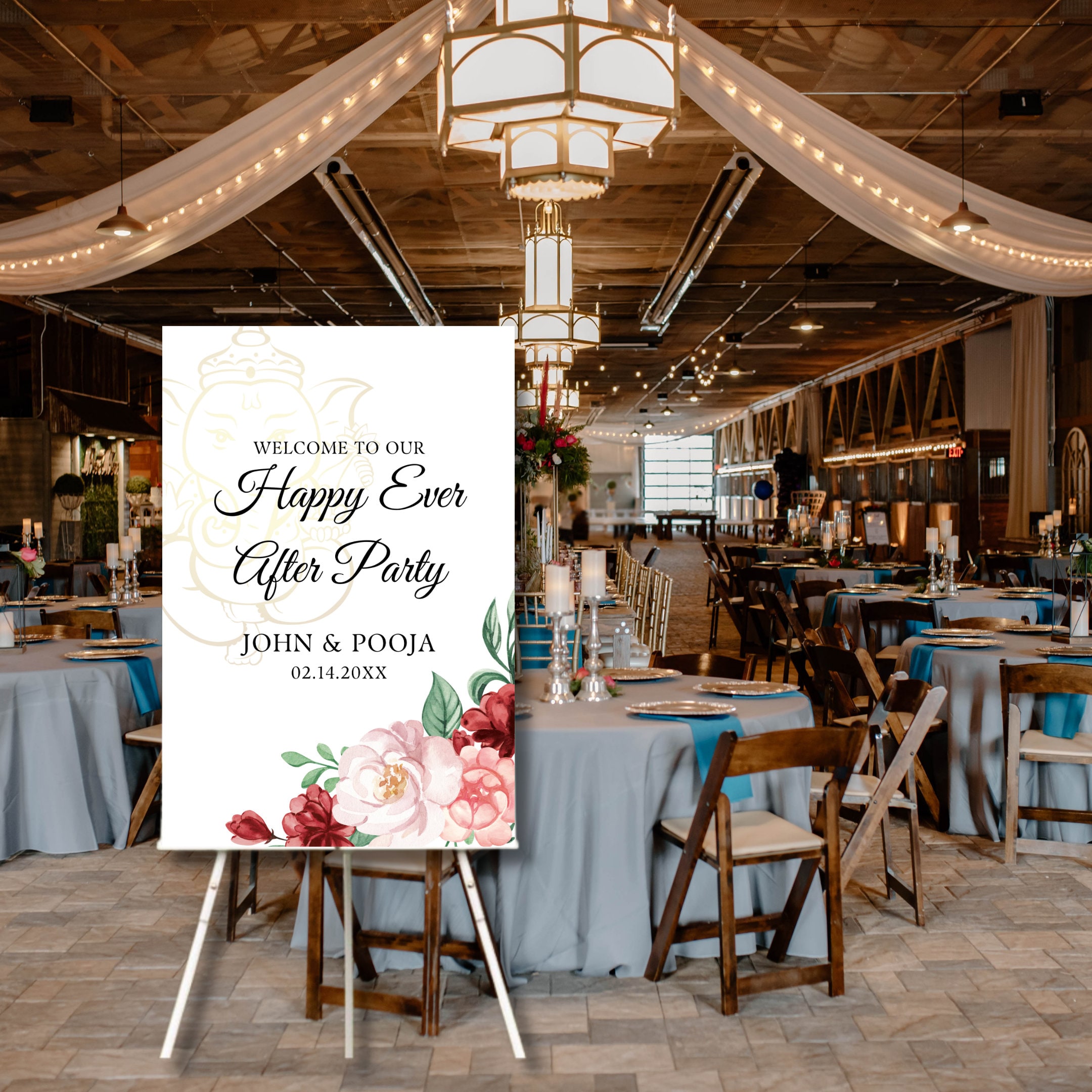 Wedding Reception Signage Canva Template Gold Elephant Red Pink Flowers ...