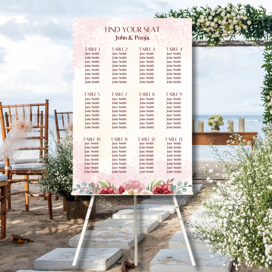Wedding Seating Chart Canva Template SC002 Red Pink Watercolor Flowers ...