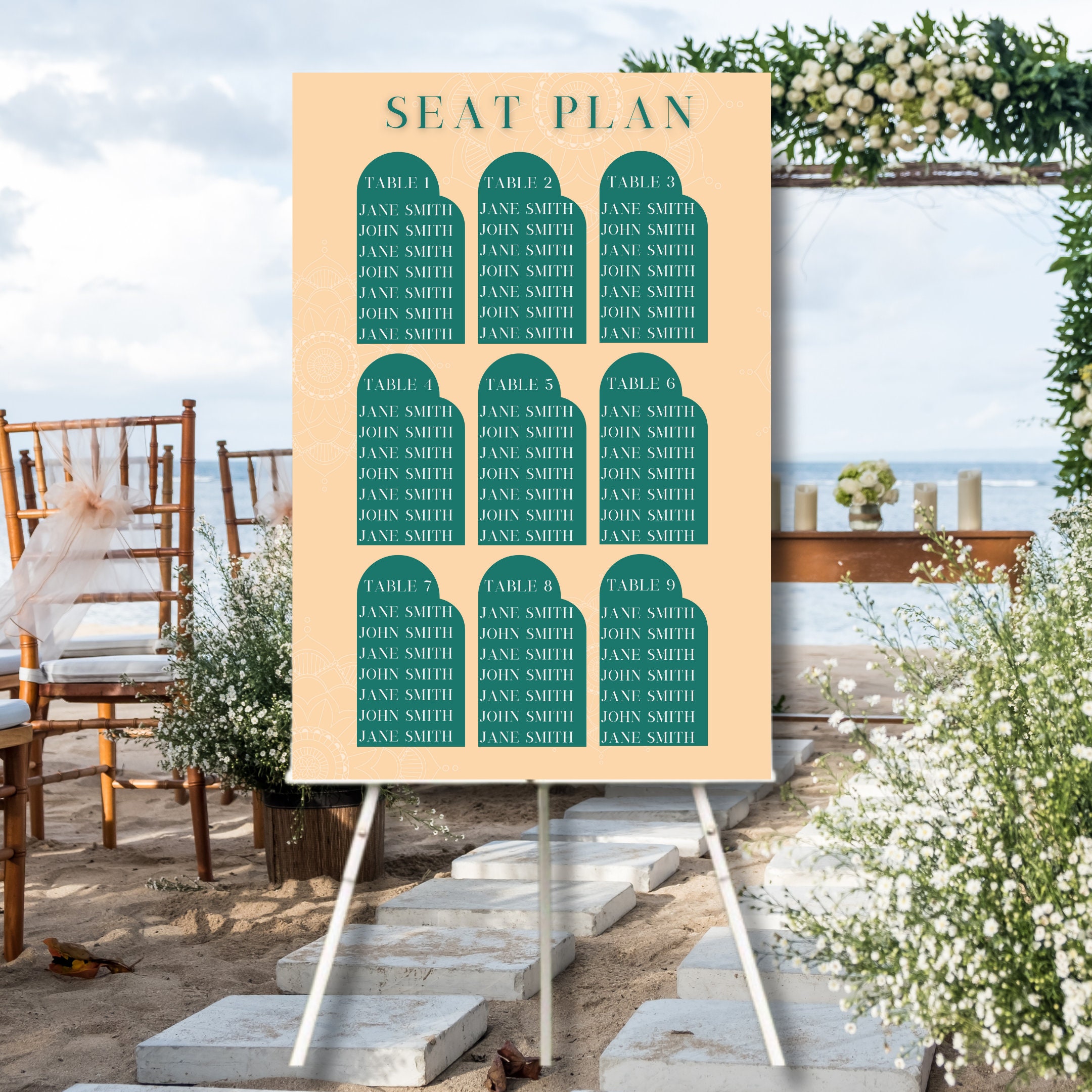 Wedding Seating Chart Canva Template SC010 Green Arches Mandal Flower ...