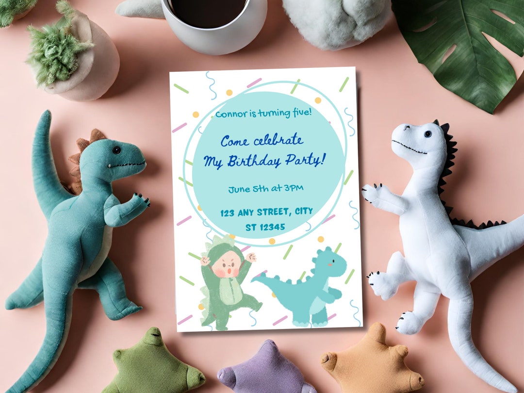 Birthday Invite Canva Template baby Dinosaur Green Blue editable ...