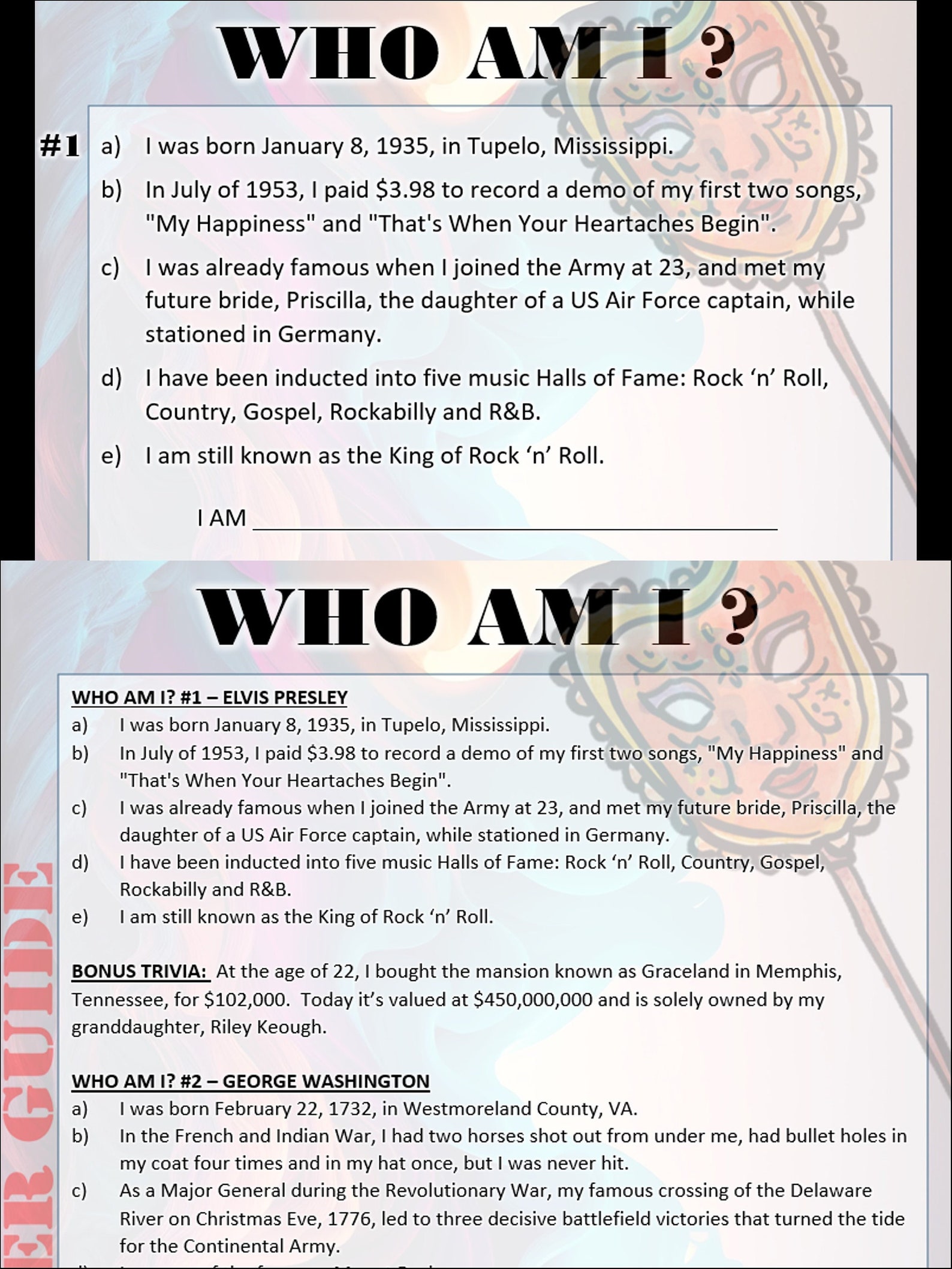 WHO AM I Group Activity and Answer Sheets With Bonus Trivia - Etsy