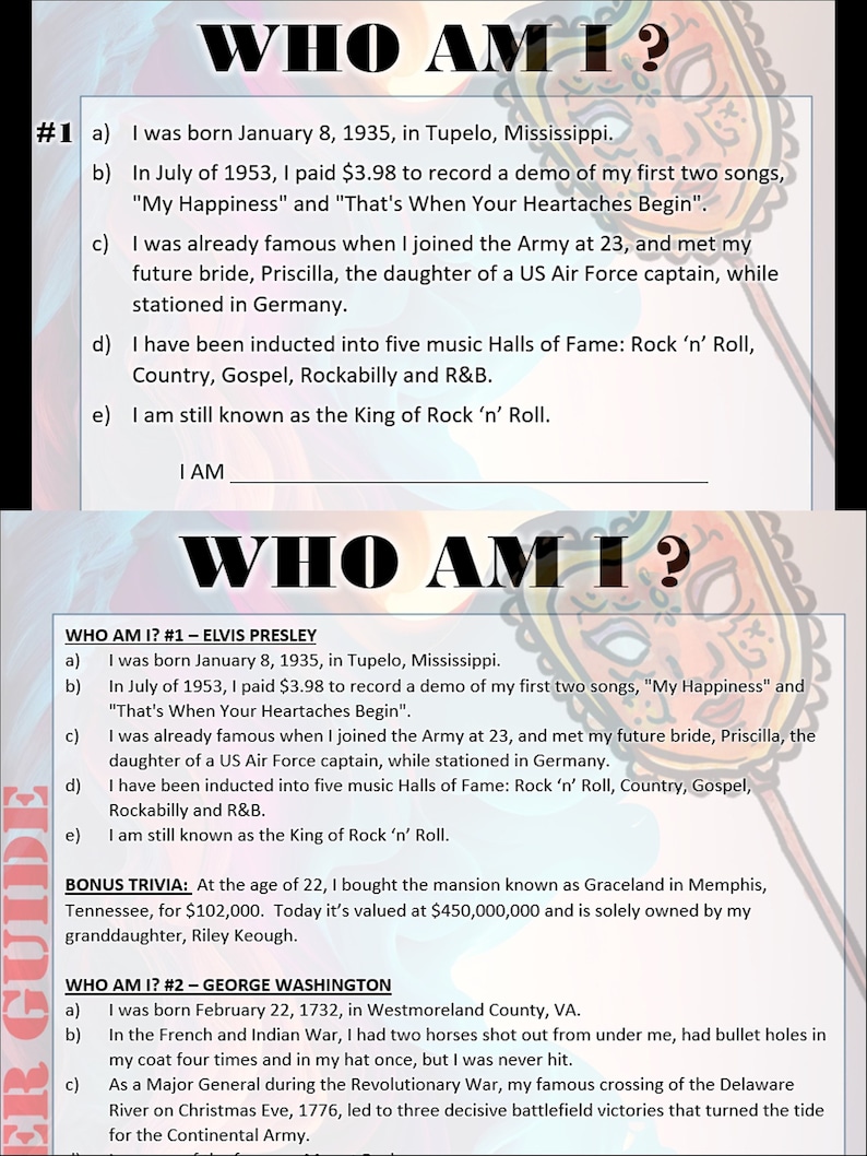 WHO AM I Group Activity and Answer Sheets With Bonus Trivia - Etsy