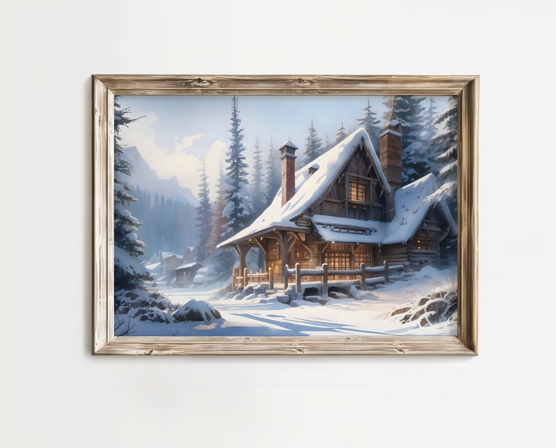 Snowy Mountain Cabin Retreat Print Landscape Digital Download Serene ...