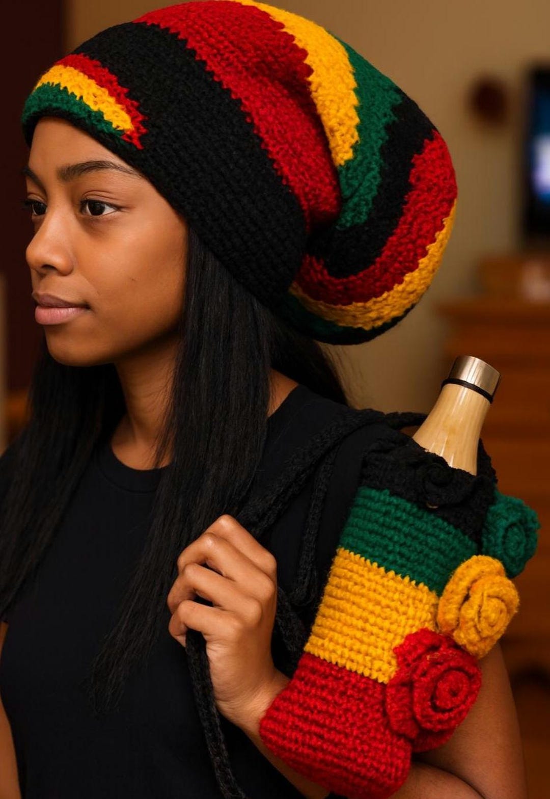 One Love Crochet Tam Hat and Bottle Carrier Set – Rastafarian Stripes ...