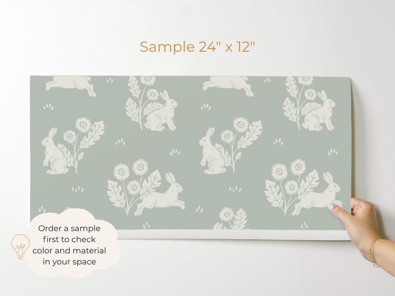 Sage Green Bunny Wallpaper – Whimsical Rabbit and Floral Pattern, Peel ...