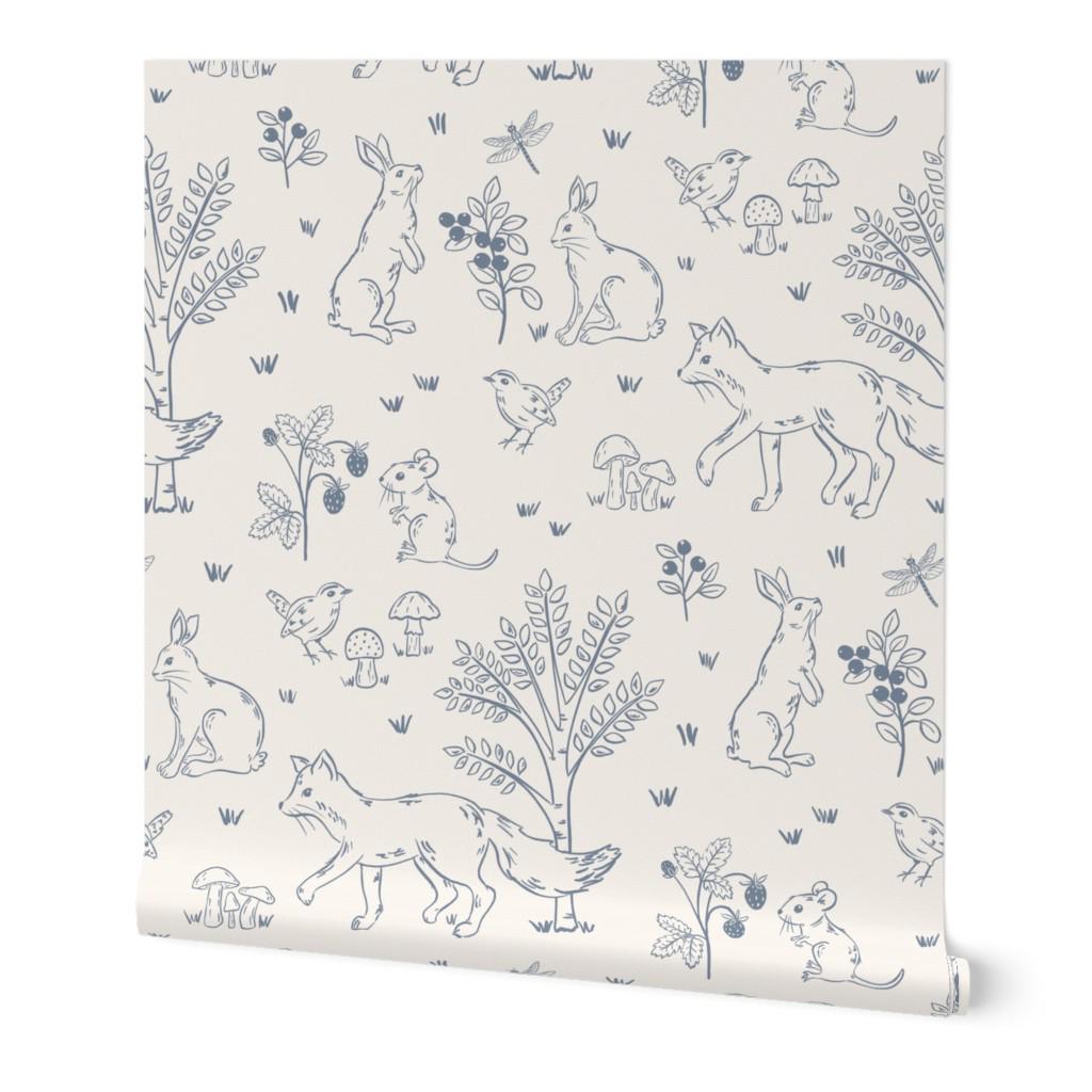Dark Blue Woodland Animal Wallpaper – Scandinavian Toile Pattern, Peel ...